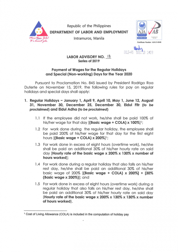 Holiday Pay Rules for Year 2020 Per Labor Advisory 13, Series of 2019 ...